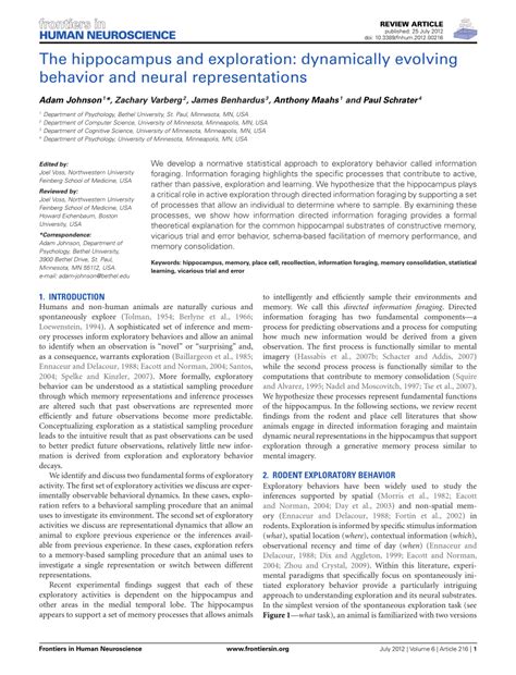 PDF The Hippocampus And Exploration Dynamically Evolving Behavior