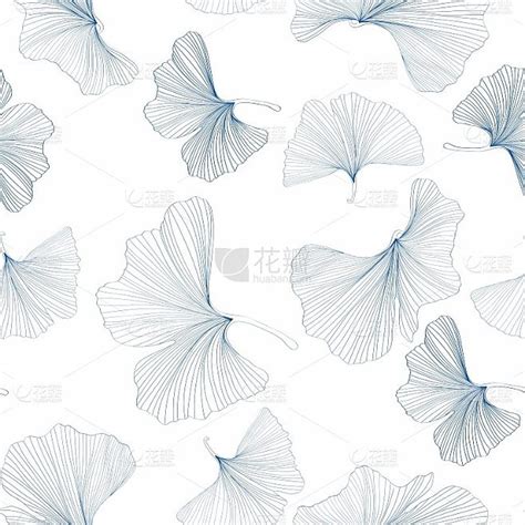 银杏叶无缝背景图案蓝线叶子在白色背景上