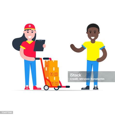 클립 보드와 트롤리와 상자에 빠른 배달 여자 캐릭터는 사람 받는 사람 벡터 일러스트 레이 션 근처에 서 평면 스타일 디자인 그녀의 손에 클립 보드와 배달 여자 빠르고 무료