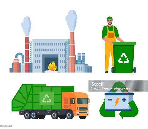 소각장 및 쓰레기 수거차 녹색 쓰레기통이 있는 제복을 입은 쓰레기 남자 재활용 요소 세트 벡터 그림입니다 쓰레기에 대한 스톡 벡터 아트 및 기타 이미지 Istock