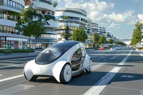 Autonomous Vehicle Navigating A Modern Smart City Street Stock