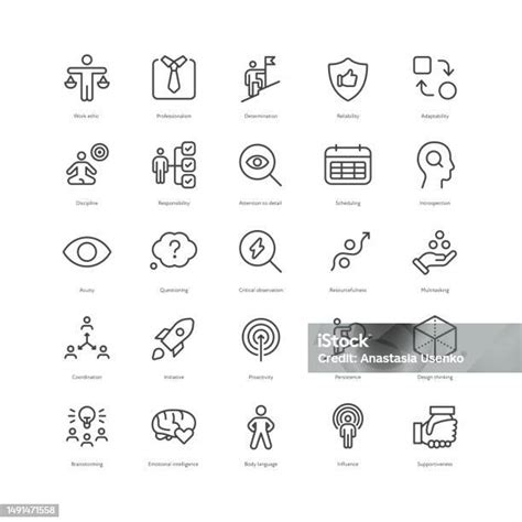 개요 스타일 Ui 아이콘 비즈니스 컬렉션을 위한 소프트 스킬 벡터 검정 선형 아이콘 그림 세트입니다 유용한 업무 능력의 기업 교육은 흰색 배경에 격리되어 있다 디자인 요소