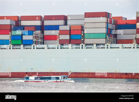 Huge Container Ship Fully Loaded In Port Terminal Stock Photo Alamy
