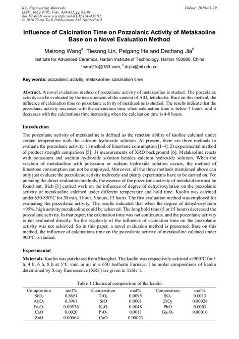 Influence Of Calcination Time On Pozzolanic Activity Of Metakaoline Base On A Novel Evaluation