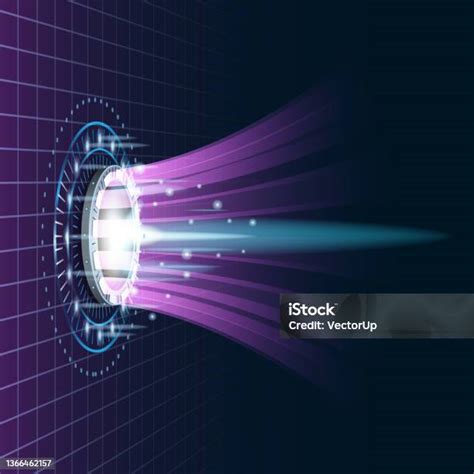 미래 포털 스카이 파이 디지털 광선과 빛 연단 프로젝터가있는 원형 과학 텔레포트 터널 벡터 일러스트레이션 블랙 퍼플 배경 3차원