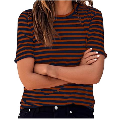 Womens Striped Shirts Summer Short Sleeve Loose T Shirts Crew Neck