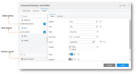 data table actions wavemaker docs