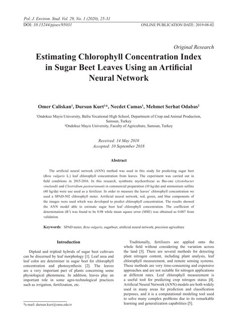Pdf Estimating Chlorophyll Concentration Index In Sugar Beet Leaves