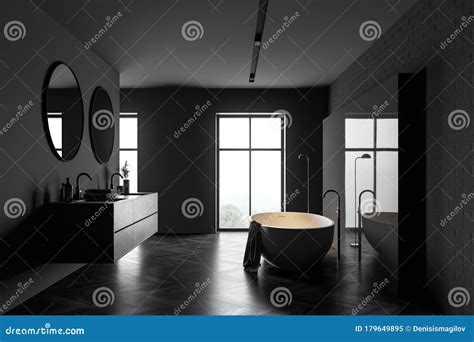 Donkergrijze Badkamer Met Trommel En Gootsteen Stock Illustratie