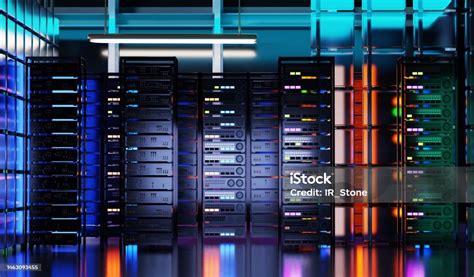 컴퓨터와 네온 불빛이 많은 서버 룸 랙과 슈퍼컴퓨터가 있는 데이터 센터 3d 렌더링 그림 네트워크 서버에 대한 스톡 사진 및 기타 이미지 Istock