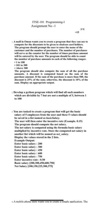 Solved ITSE TOI Programming 1 Assignment No 1 35 15 1 A Chegg