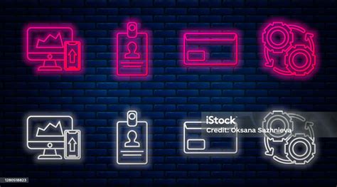 컴퓨터 모니터와 휴대폰 및 기어 및 화살표에 라인 식별 배지 봉투 재무 차트 또는 그래프를 워크플로 프로세스 개념으로 설정합니다 벽돌 벽에 빛나는 네온 아이콘 벡터 가는