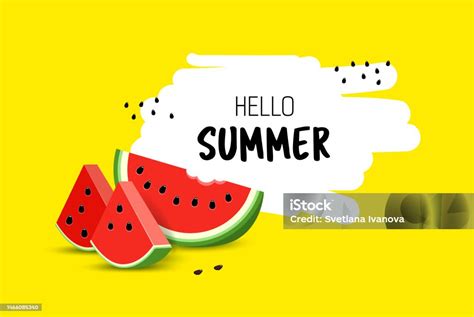 수박과 텍스트 안녕하세요 여름이 있는 여름 배너 현실적인 수박 조각 과일에 대한 스톡 벡터 아트 및 기타 이미지 과일 문자 여름아 안녕 Istock