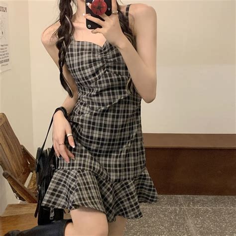 빈티지 격자 무늬 캐미솔 드레스 Y k 스트리트웨어 플러스 사이즈 드레스 여성 여름 캐주얼 파티 비치 스퀘어 라이트 드레스 가운 AliExpress