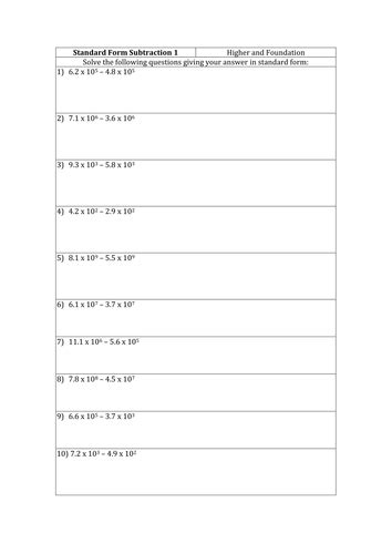Gcse Maths Standard Form Subtraction 30 Questions And Worked
