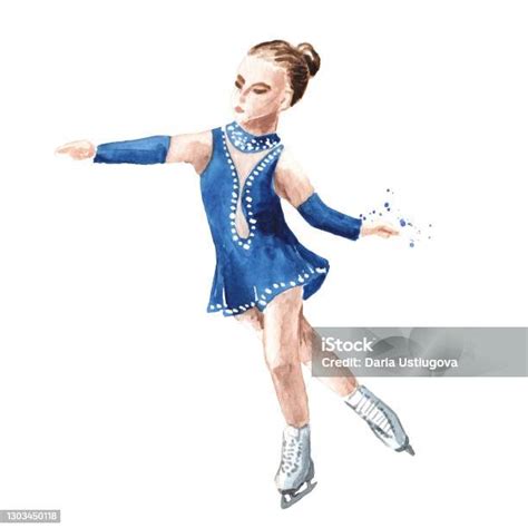 피겨 스케이팅 어린이 스포츠 얼음 위에서 춤을 추는 어린 소녀 흰색 배경에 고립 된 손으로 그린 수채화 그림