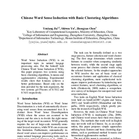 Chinese Word Sense Induction With Basic Clustering Algorithms Acl Anthology