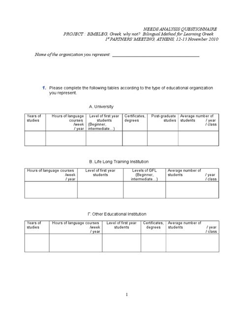 Needs Analysis Questionnaire English Pdf Language Education