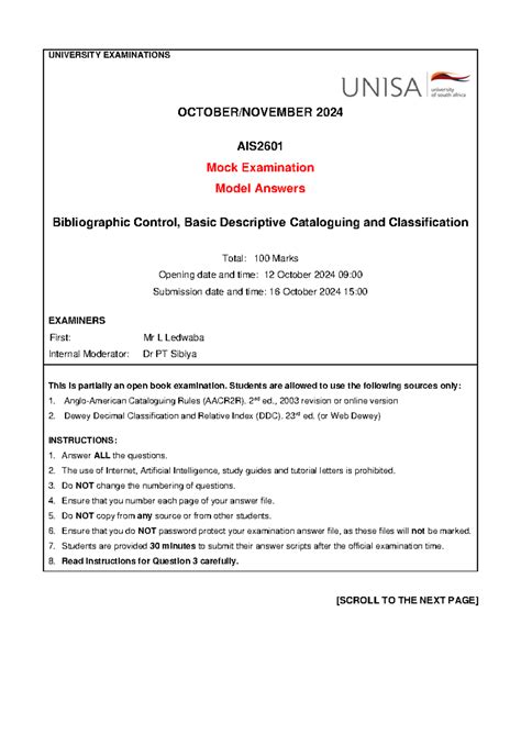 Ais2601 Mock Exam Oct 2024 Memo University Examinations October