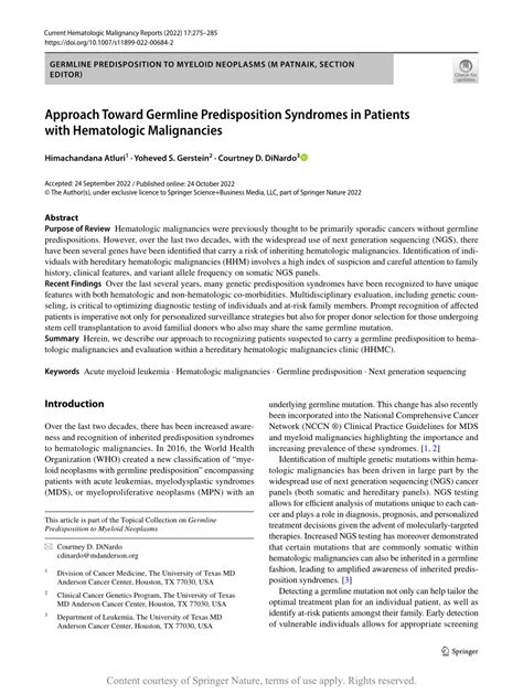Approach Toward Germline Predisposition Syndromes In Patients With