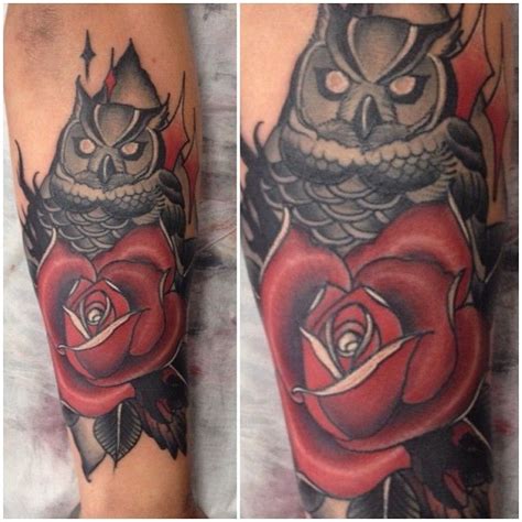 Black And Grey Owl And Red Rose Tattoo By Daniel Formentin At Wa Ink