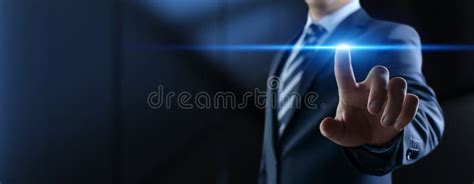 businessman pressing button on virtual screen innovation and digital touch interaction on
