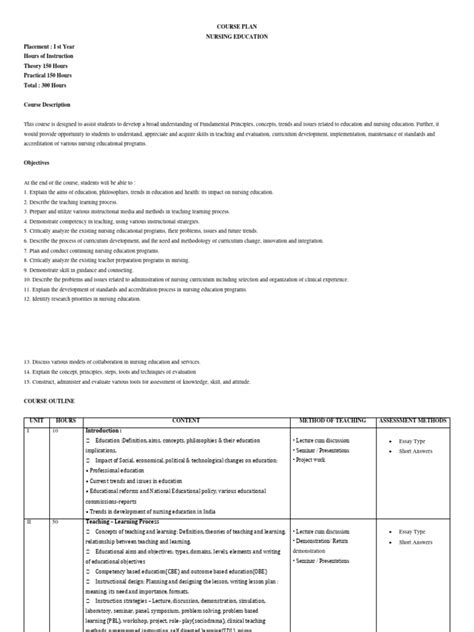 Course Plan I Year Pdf Nursing Educational Assessment