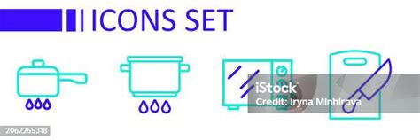 세트 라인 도마와 칼 전자 레인지 불에 냄비 및 아이콘 벡터 가정 생활에 대한 스톡 벡터 아트 및 기타 이미지 가정 생활 가정 주방 가정의 방 Istock