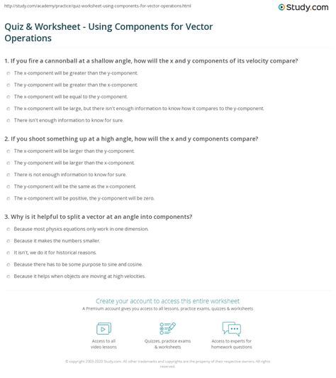 Quiz And Worksheet Using Components For Vector Operations