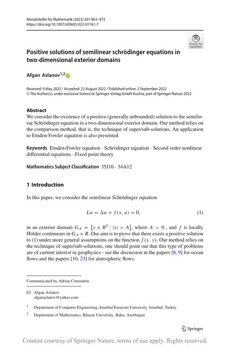Positive Solutions Of Semilinear Schrödinger Equations In Two