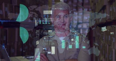 Image Of Statistical Data Processing Over Caucasian Male Worker Smiling At The Warehouse Stock