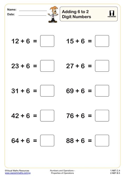 adding 6 to 2 digit numbers 10 questions 1st grade pdf addition