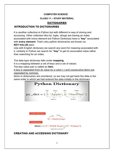 Python Dictionaries Notes Class Xi Pdf