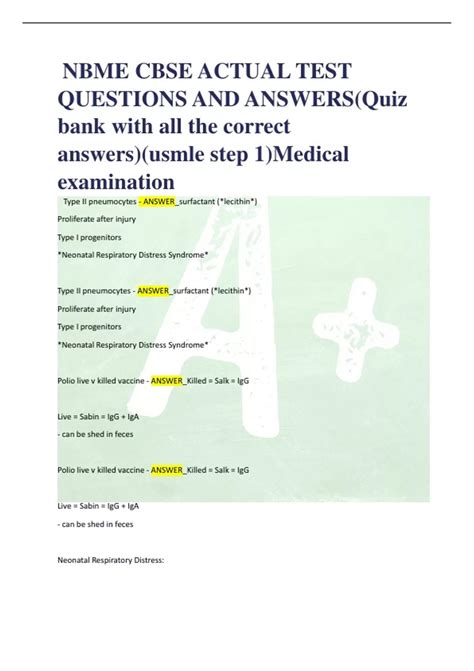 Nbme Cbse Actual Test Questions And Answers Quiz Bank With All The Correct Answers Usmle Step 1