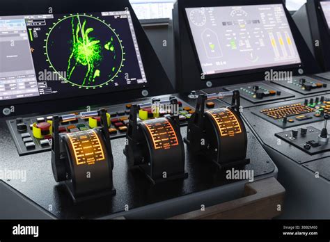 Modern Ship Control Panel With Radar Screen And Digital Navigation