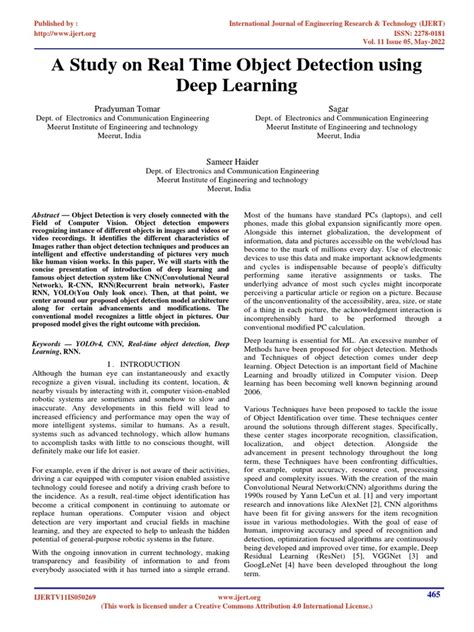 A Study On Real Time Object Detection Using Deep Learning Ijertv11is050269 Pdf Computer
