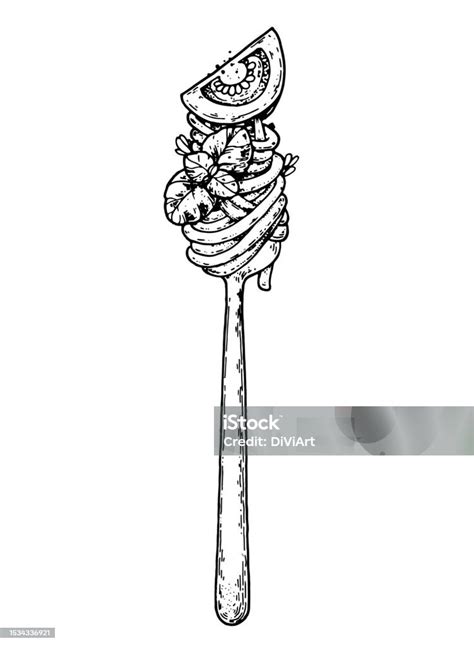 포크에 토마토를 곁들인 이탈리안 파스타 손으로 그린 벡터 그림입니다 이탈리아 음식 포크 스케치에 스파게티 파스타 디자인 요소입니다 개념에 대한 스톡 벡터 아트 및 기타