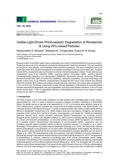 Pdf Visible Light Driven Photocatalytic Degradation Of Rhodamine B Using Wo3 Based Particles