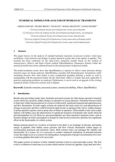 Pdf Numerical Models For Analysis Of Hydraulic Transients