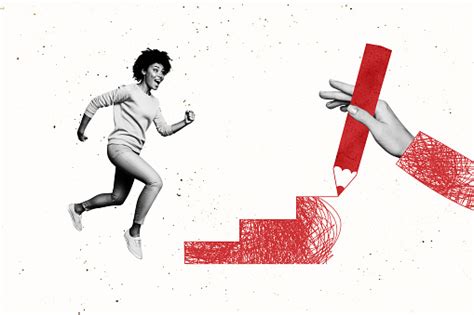 복합 경향 삽화 스케치 이미지 사진 콜라주 Copyspace 그리기 엉망 선 낙서 젊은 여자 실행 목표 페인트 펜 사다리 성공 20 24세에 대한 스톡 사진 및 기타 이미지