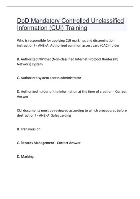 Dod Mandatory Controlled Unclassified Information Cui Training Correct Answers Latest Update