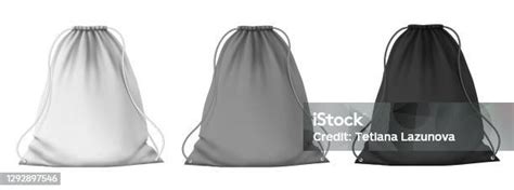 스포츠 배낭 모형 옷과 신발을 위한 끈이 달린 학교 빈 드로스트링 백 사실적인 3d 화이트 그레이 및 블랙 파우치 벡터 세트 검은색에 대한 스톡 벡터 아트 및 기타 이미지