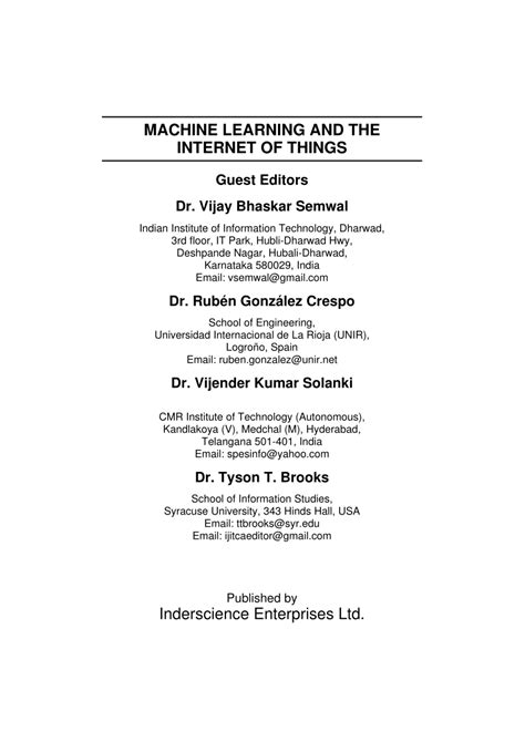 Pdf Machine Learning And The Internet Of Things