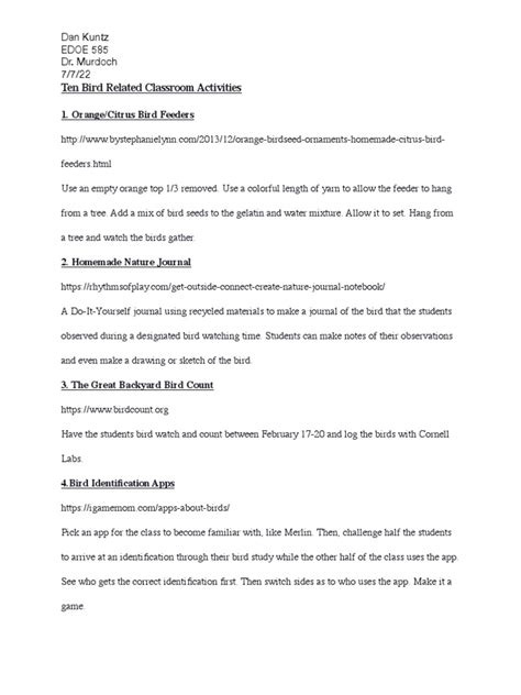 10 Classroom Bird Activities Pdf Birds Ornithology