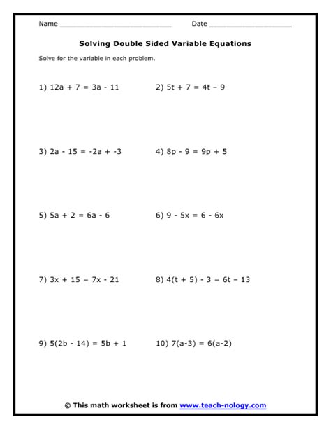 One Variable Equations Worksheets