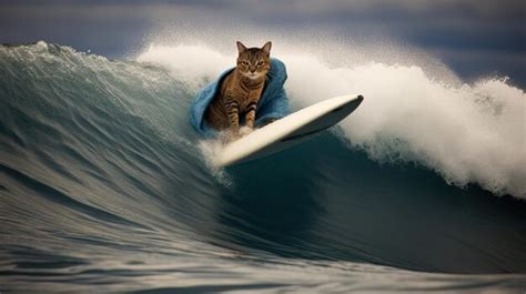 Premium Ai Image A Cat Is Riding A Surfboard On A Wave In The Ocean