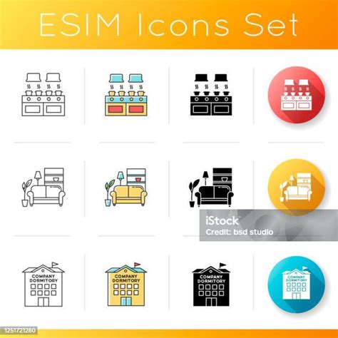 회사 기숙사 아이콘 세트 공용 주방 기업 숙박 시설 공용 거실 공용 침실 인퍼트 인테리어 선형 검정 색 및 Rgb 색상 스타일 격리된 벡터 그림 가정 생활에 대한 스톡 벡터