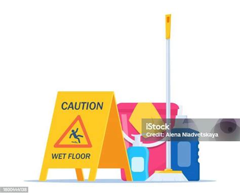 젖은 바닥 경고 표시 떨어지는 남자와 노란색 삼각형입니다 청소 서비스 용품 양동이 걸레 세제가있는 소독제 제품 벡터 일러스트 레이 션입니다 빗자루에 대한 스톡 벡터 아트 및