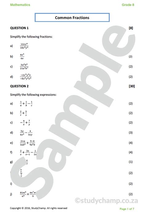 Grade 8 Mathematics Test Common Fractions