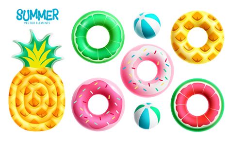 여름 요소 벡터 세트 디자인입니다 여름 플로터와 비치볼 수영장 해변 플로팅 팽창식 링 공기 주입에 대한 스톡 벡터 아트 및 기타